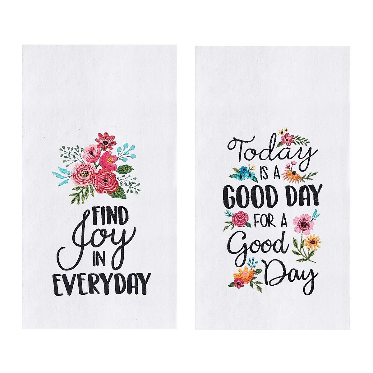 CNF 2 Piece Embroidered Spring Flowers Cotton Flour Sack Kitchen Towel Bundle, Find Joy and Good Day Multi-colored