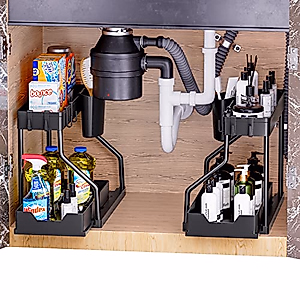 Puricon 2 Pack Under Sink Organizer, 2-Tier L-Shape Sliding Under Sink Organizers and Storage, Under Counter Storage Organizer Pull Out Under Sink Storage for Kitchen Bathroom -Black