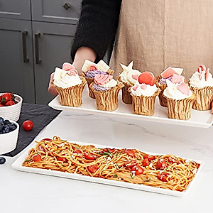 DOWAN 14.5" Rectangular Plates Set of 4 - Long Serving Trays for Sushi, Pasta, Chips, Appetizer, Cake - White Ceramic Rectangle Platter for Party, Restaurant, Banquet - Dishwasher & Oven Safe