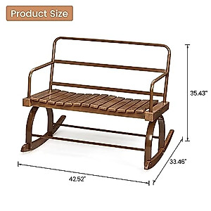 OLRIK Outdoor Rocking Chair, 2 Person Outdoor Rocking Chair with Coated Frame and Wooden seat Cushion, for Camping, Patio, Lawn, Garden, Yard or Balcony, Brown