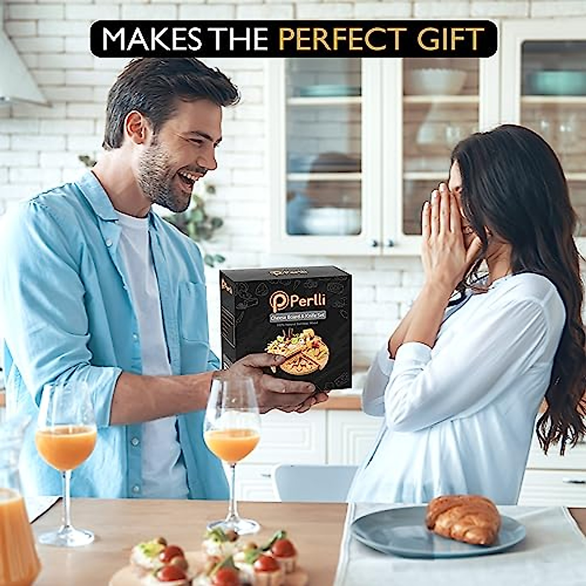 PERLLI Bamboo Cheese Board & Knife Set, Large Folding 18 Inch Round Wood Rotating Charcuterie Board Set Cheese Meat Wine Serving Tray Platter, Home Decor Holiday Gift Set