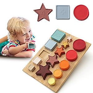 ibwaae Soft Silicone Stacking Toys Set 15 Pcs Natural Rainbow Color Nesting Cups and Silicone Stacking Cups Montessori Toy for Baby（Wooden Base）