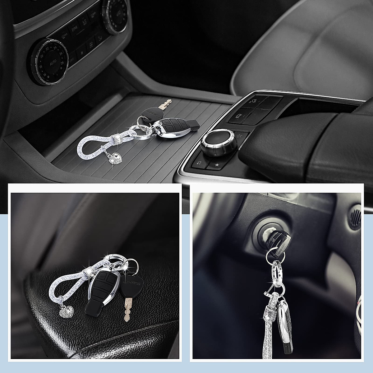 Crystal Car Keychain Bling Keychain Accessories Glitter KeyRing Strap with Heart Charm Key Decorations for Women Auto (Silver)