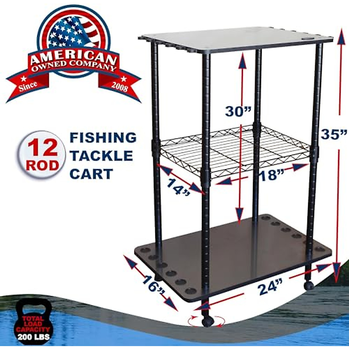 Rush Creek Creations, Fishing Rod Holder for 12-Rods, Fishing Pole Holder for Garage, for Fishing Gear, Pole, Rod, Tackle Box, Holistic Fishing Rod Storage, 12 Freshwater Rod Clips, Big Wheels, Black