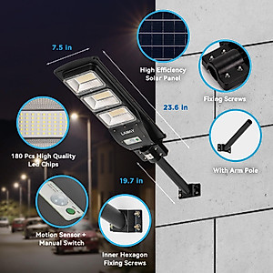 LANGY 90W Solar Street Lights Outdoor 12000LM Solar LED Street Light Solar Powered, Dusk to Dawn, Motion Sensor with Remote Control, IP66 Waterproof, for Commercial Grade Barn Sidewalk Garden