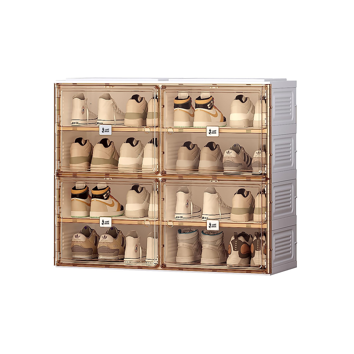 ANTBOX Portable Shoe Rack Organizer for Closet Entryway, Stackable Sneaker Storage Shoe Cabinet with Magnetic Clear Door, Large Plastic Storage containers Bins with Lids 4 Tiers 16 Pairs