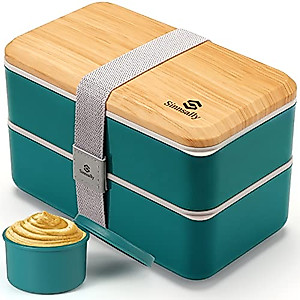 Bento Box Adult Lunch Box,2 Stackable Japanese Lunch Containers for Kids/Women with Compartments(47oz),Modern Containers with Utensil Set,Leak-Proof Lunchbox,Rectangle(Nordic Green)