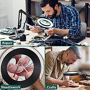 Magnifying Glass with Light and Stand, Veemagni 5X Real Glass 2-in-1 Desk Lamp & Clamp, 3 Color Modes Stepless Dimmable, LED Lighted Magnifier with Light for Hobby Reading Crafts Repair Close Works