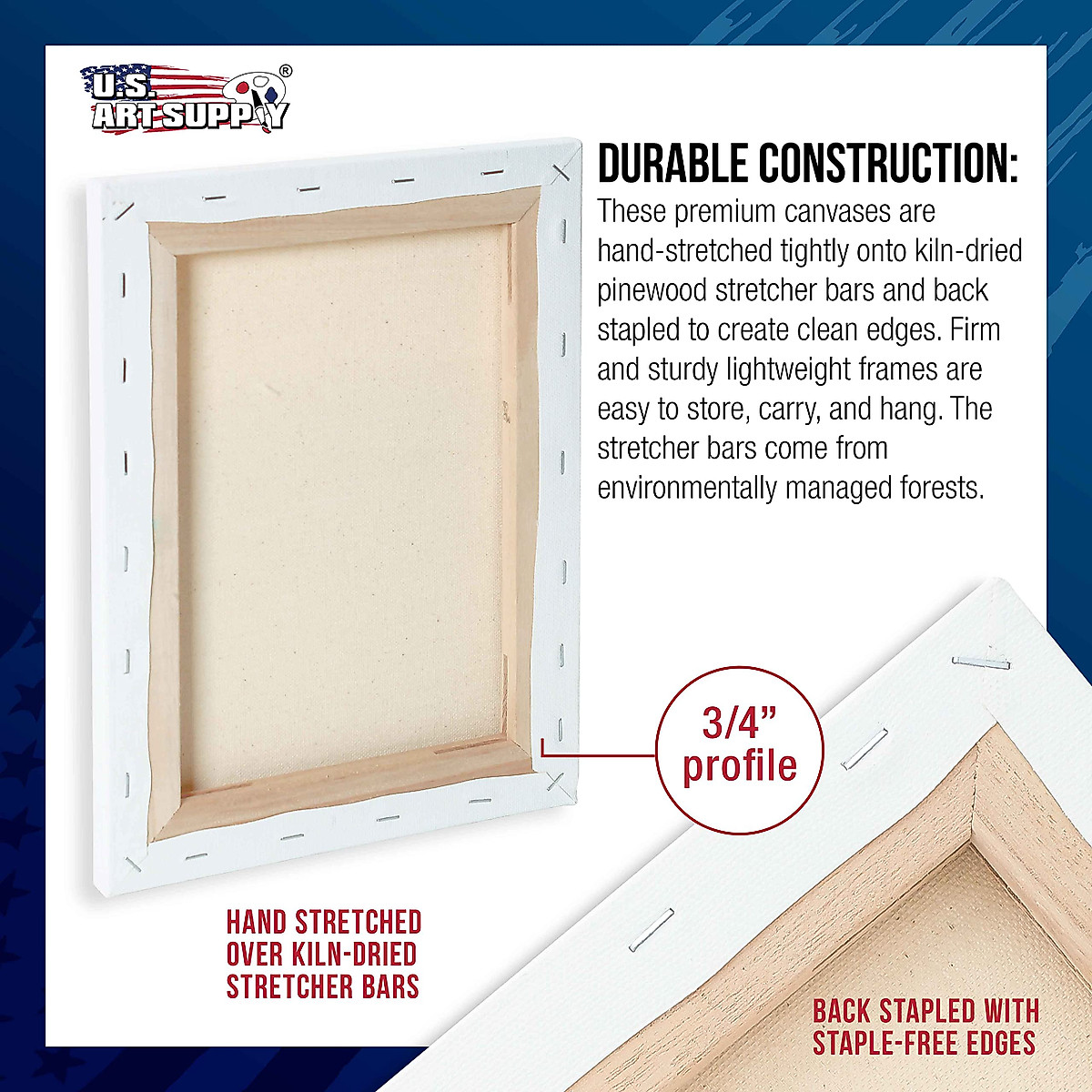 U.S. Art Supply 24 x 36 inch Stretched Canvas 12-Ounce Triple Primed, 3-Pack - Professional Artist Quality White Blank 3/4" Profile, 100% Cotton, Heavy-Weight Gesso - Acrylic Pouring, Oil Painting