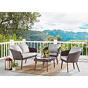 Bolton Furniture Athens All-Weather Wicker Outdoor Conversation 35" L Coffee Table, Set Chairs and Two-Seat Bench, Grey