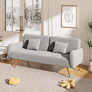 70“ Futon Bed with Mattress Included,Futon Couch Sofa Bed w/ Split Backrest and 2 Throw Pillows,Convertible Loveseat Sleeper w/ Gold Metal Legs and Arms for Living Room Bedroom Small Space (Grey)