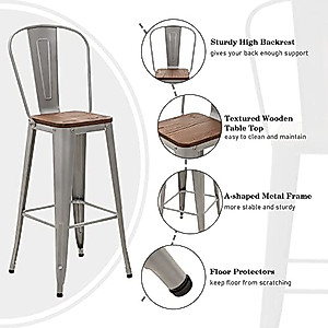 Sophia & William 30" Metal Bar Stools Set of 4 High Back Counter Height Barstools with Wooden Seat,Indoor/Outdoor Barstools,Matte Silver Gray