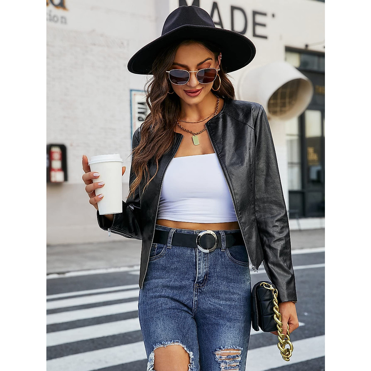 MakeMeChic Women's PU Leather Zip Up Crop Jacket Long Sleeve Moto Biker Coat Short Outerwear Black S