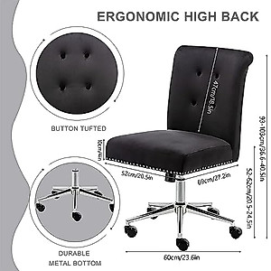 JOUUQZ Velvet Office Chair Button Tufted Swivel Adjustable Desk Chair with Nailheads Trim, Upholstered Armless Black Home Office Desk Chair with Wheels and Metal Base