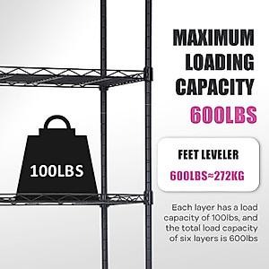 NChanmar 6-Tier Metal Shelving Unit Storage Shelves Metal Shelves 64"x17"x12" Heavy Duty Metal Storage Rack Wire Rack NSF Height Adjustable for Home Kitchen Bathroom Garage Shelving(Black)