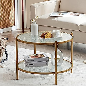 VINGLI 25.6" Small Matte Gold Round Coffee Table Water-Wave Glass Circle Clear Coffee Table, Center Table with 2-Tier Modern Storage Design for Living Room, Bedroom, Meeting Room, Balcony, Patio