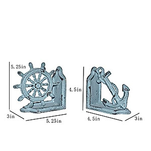 JUCONSIN Anchor Bookends, Antique Blue Nautical Ship Wheel and Anchor Decorative Bookends Set, Heavy Duty Cast Iron, Cute Bookends for Office Home Desk Bookrack Shelves