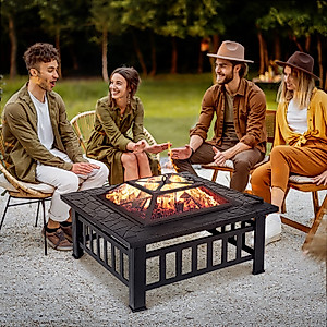 Anraja Fire Pit 32'' Wood Burning Firepit Metal Square Outdoor Fire Tables Steel BBQ Grill Fire Pit Bowl with Spark Screen Cover, Poker Log Grate for Patio Bonfire Camping Backyard Garden Picnic