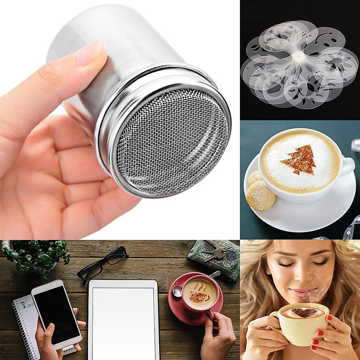 2 Stainless Steel Powder Shakers, SENHAI Mesh Shaker Powder Cans for Coffee Cocoa Cinnamon Powder with Lid, with 16 pcs Printing Molds Stencils