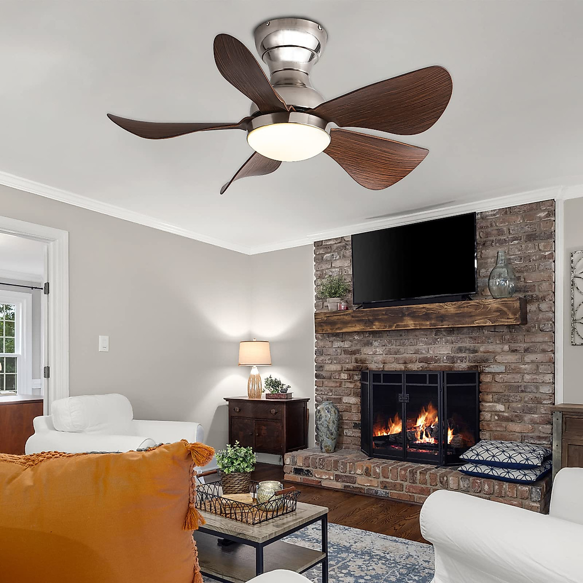 GESUM Ceiling Fan with Lights, 30 lnch Low Profile Ceiling Fan, 5 Reversible Blades, Flush Mount Ceiling Fan Light with 6 Speeds 3 Colors for Indoor Outdoor (Nickel-Walnut)