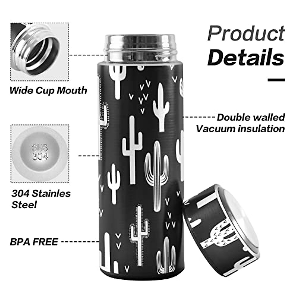CaTaKu Black and White Cactus Water Bottle Insulated 16 oz Stainless Steel Flask Thermos Bottle for Coffee Water Drink Reusable Wide Mouth Vacuum Travel Mug