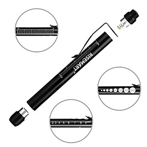 RISEMART Pen Light, Nurse Led Medical Penlight with Pupil Gauge for Nursing Students Doctors Black and Silver with Batteries