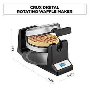 CRUX Rotating Belgian Waffle Maker with Deep Nonstick PFOA Free Plates, Digital Keto Chaffles Iron with LCD Display, Browning Control and Cord Storage, Stainless Steel