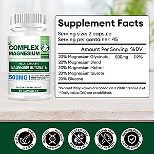 2 Pack Magnesium Complex Capsules 500MG, Blend with Magnesium Glycinate, Taurate, Malate - 180 Capsules