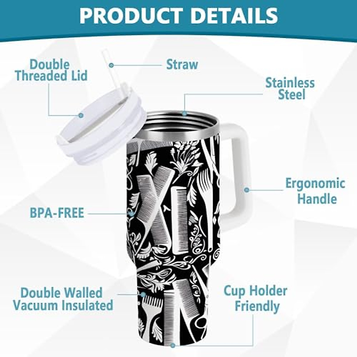 RPLIFE Hairdressing Tools Black 40oz Tumbler with Handle, Stainless Steel Coffee Tumbler, Insulated Water Bottle with Straw