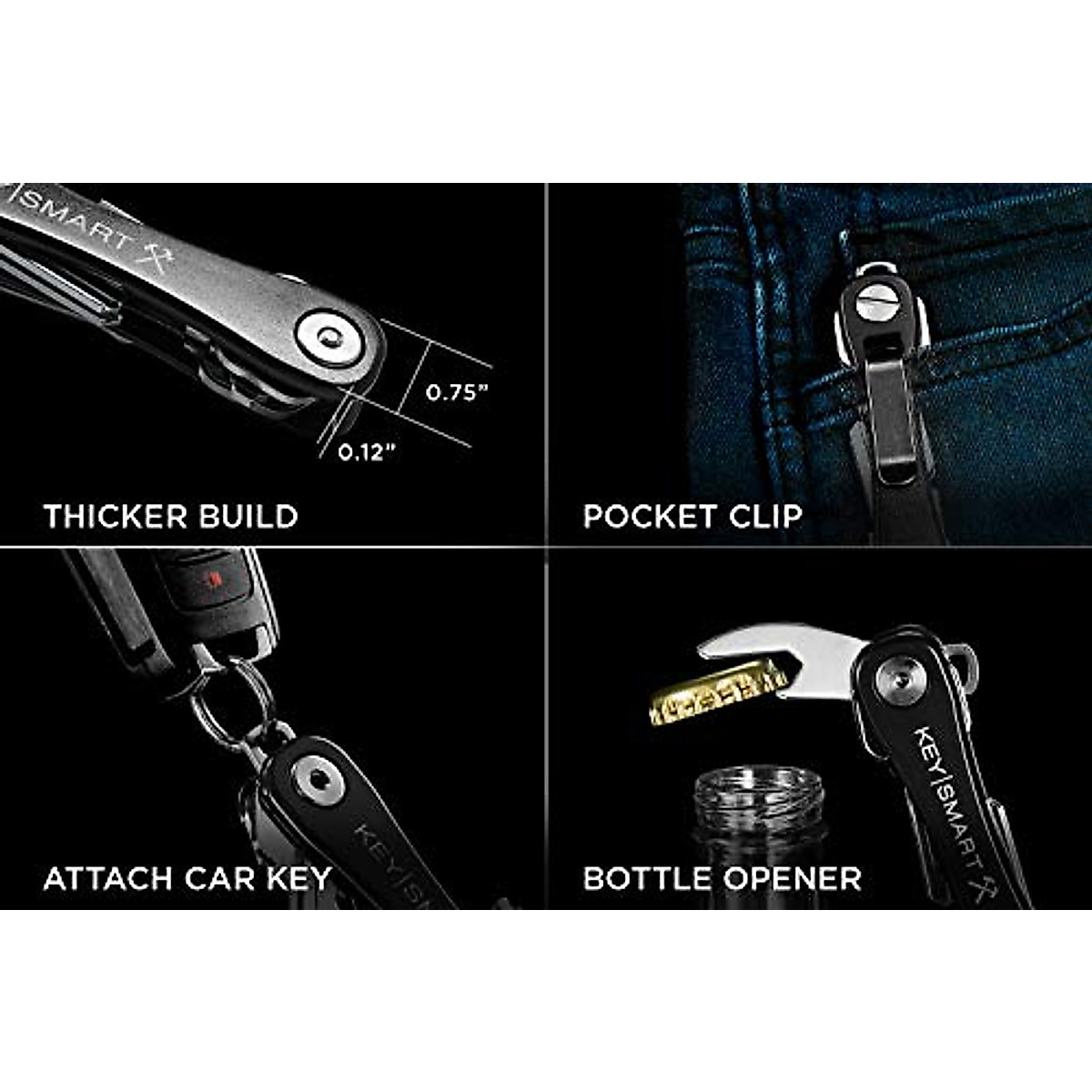 KeySmart Rugged - Multi-Tool Key Holder with Bottle Opener and Pocket Clip (up to 14 Keys, Black)