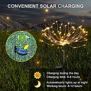 TIMGHKS Solar Garden Lights with 120 Led Light Beads - Beautiful and Delicate Outdoor Solar Firework Lights, Durable Waterproof Outdoor Decorative Lights Suitablfor Lawns, Gardens and Yards (Warm)