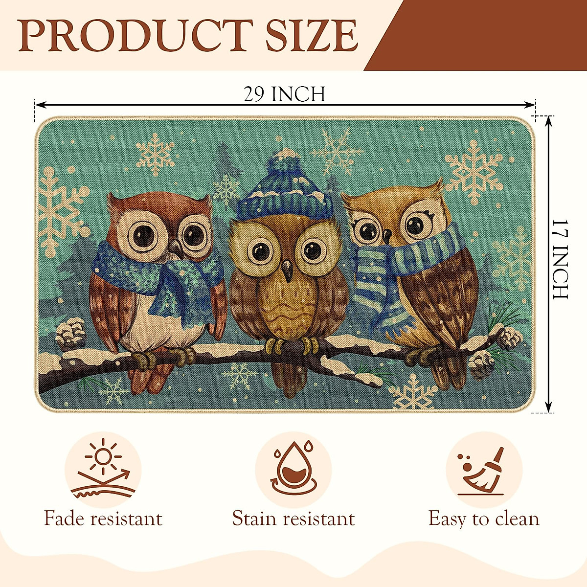 Winter Door Mat, Non Slip Owl Welcome Entrance Mats Christmas Winter Snowflake Home Decor 29 x 17 Inch Rubber Kitchen Doormat for Xmas Holiday Entryway Front Porch Farmhouse Decoration