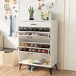 Lamerge Shoe Cabinet for Entryway, Modern Freestanding Shoes Storage Cabinet with 2 Flip Drawers & 1 Slide Drawer, Open Shelf, Narrow Slim Shoe Rack Organizer for Entryway, Hallway - White