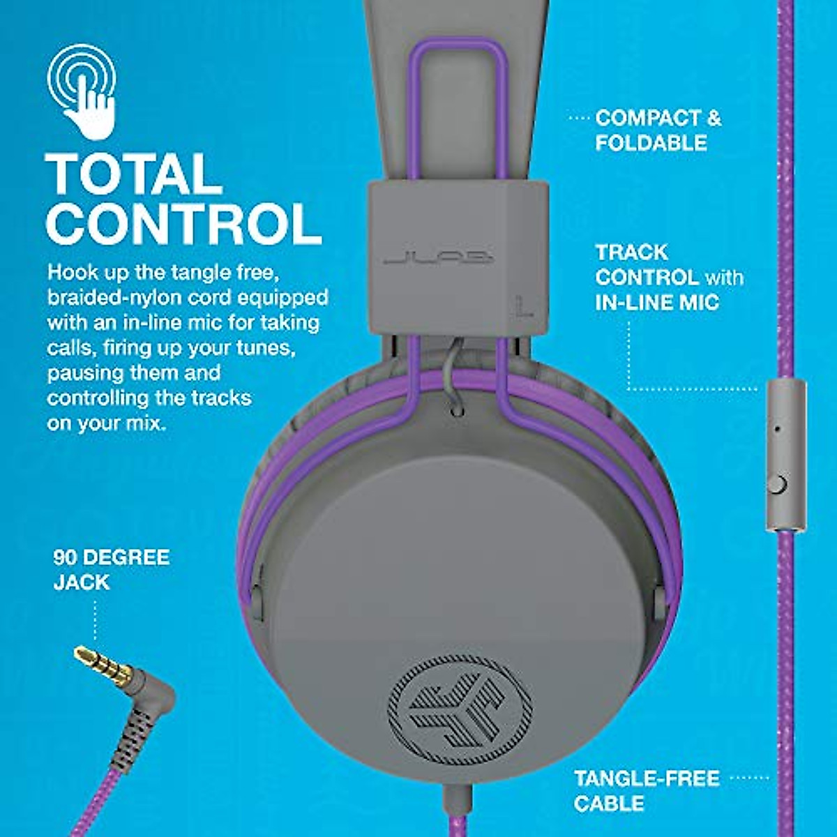 JLab JBuddies Studio On-Ear Kids Wired Headphones | Toddler Headphones | Kid Safe | Studio Volume Safe | Volume Limiter | Folding | Adjustable | Noise Isolation | with Mic (Graphite/Purple)