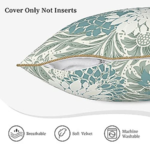 mapersu Velvet Throw Pillows Cover 18 X 18 Inch Green Blue Beige Cushion Cover with Flower Blooms Leaves Modern Trim Cushion Case Farmhouse Home Decorative