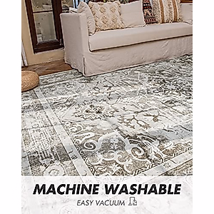 Rugs for Living Room 5x7 feet-Area Rug Carpet-Distressed Vintage Medallion Bedroom Rug Dining Living Room Rug-Aesthetic Machine Washable Rug TP Backing-Grey
