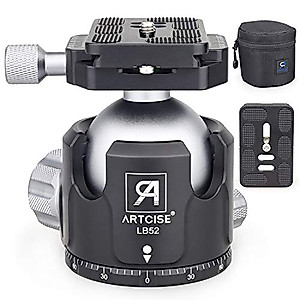 Low Profile Ball Head Tripod Mount Ball Head 52mm Diameter ARTCISE LB52 All Metal CNC Machining with Two 1/4" Quick Release Plates for Tripod, Monopod, DSLR, Camcorder，Max Load 66lbs /30kg