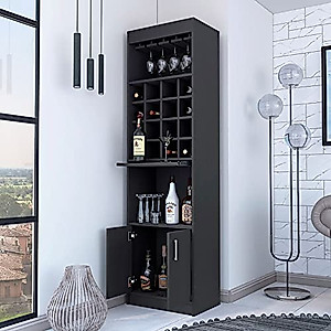 FM FURNITURE Myers Bar Cabinet with Glass Rack, 16 Wine Racks, 2 Shelves, 2 Cabinets, Black