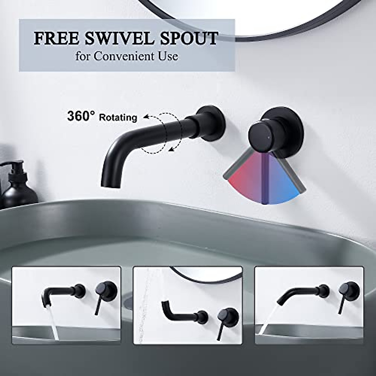 YardMonet Wall Mount Bathroom Faucet Matte Black, Single Handle Wall Mounted Bathroom Sink Faucet, 360° Swivel Solid Brass Long Spout, Rough-in Valve Included