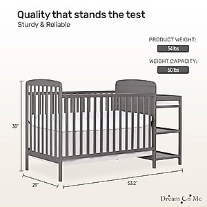 Dream On Me Anna 3-in-1 Full-Size Crib and Changing Table Combo in Steel Grey, Greenguard Gold Certified, Non-Toxic Finishes, Includes 1" Changing Pad, Wooden Nursery Furniture