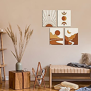 Creoate Boho Wall Art, 4 Pieces Mid Century Wall Art Sun Moon Boho Canvas Print Framed Set Artwork for Living Room Bedroom Wall Decor