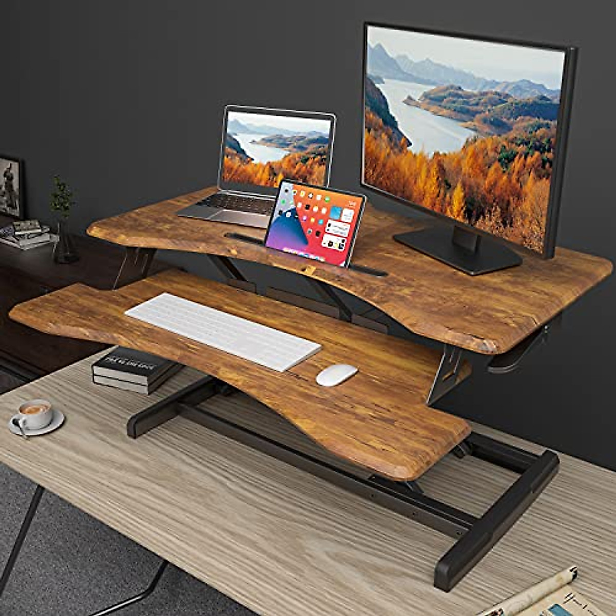 FEZIBO Standing Desk with Height Adjustable 37 Inches Standing Desk Converter Stand up Riser Tabletop Workstation Fits Dual Monitor Rustic Brown