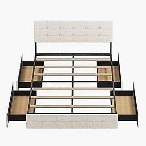 Mjkone Platform Bed Frame with 4 Storage Drawers, Upholstered California King Size Bed Frame with Square Button Tufted Adjustable Headboard, Wood Slat Support/No Box Spring Needed/No Mattress, Beige