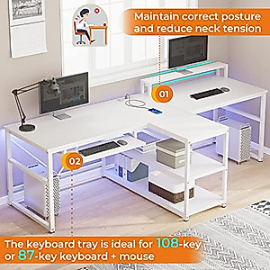 SEDETA 94.5" White Computer Desk, Two Person Gaming Desk with LED Light, Keyboard Tray, Power Strip with USB, Monitor Shelf & Storage, Extra Long Double Desk for Home Office, White.