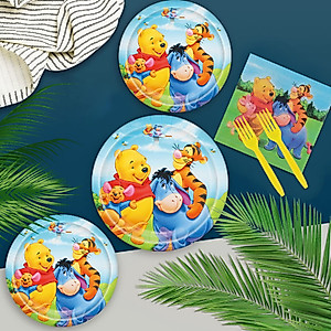 Winnie The Pooh Birthday Party Supplies, Include Banner, Background, Hanging Swirls Decorations, Latex Balloons, Plates, Cutlery, Napkins,Great Birthday and Baby Shower Tableware and Decorations Set