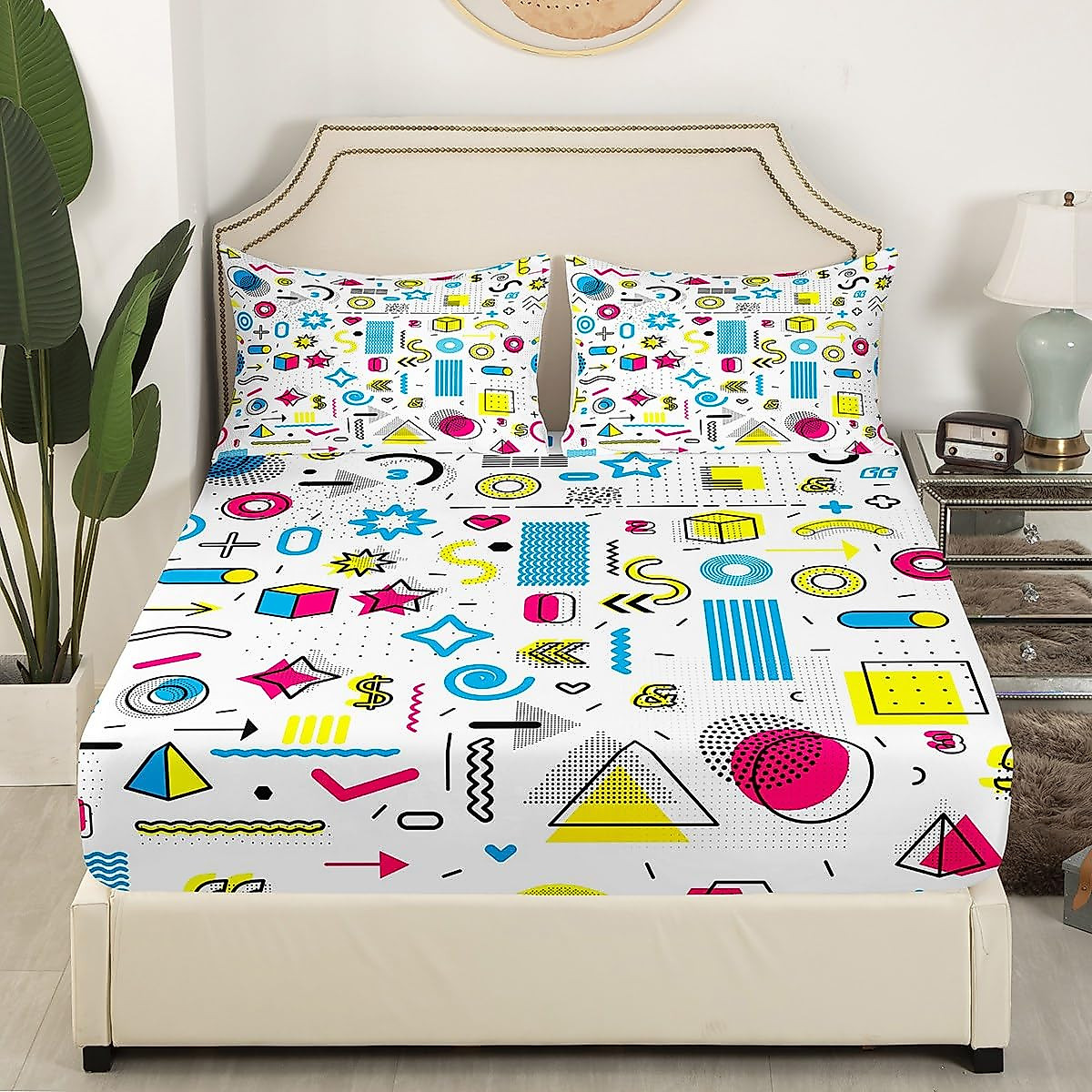 Erosebridal 80's Memphis Style Fitted Sheet Full Size Hipster Retro Bed Sheets 70s and 90s Hip Hop Funny Bed Set Math Themed Bedding Set Geometry Stripes Print Bedding Memphis Home Decor