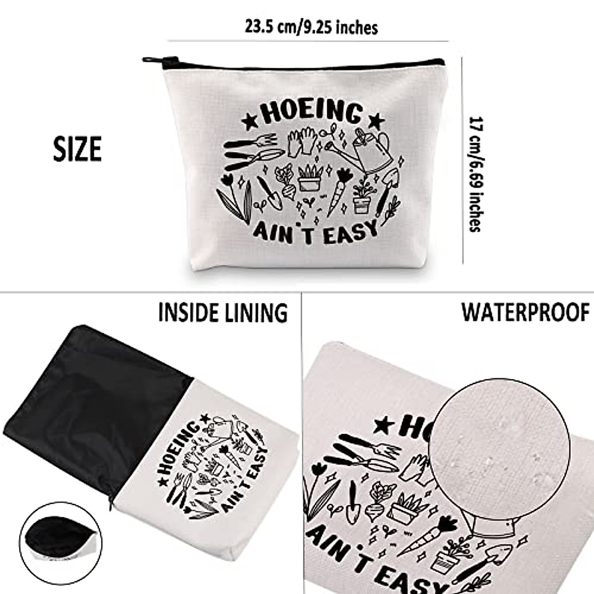Gardener Gift Garden Lover Gift Hoeing Ain’t Easy Cosmetic Bag Gardening Travel Make Up Pouch with Garden Quote Gift For Plant Lover (Hoeing Aint Easy White Bag)