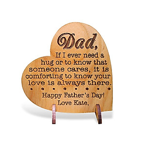 Custom Engraved Alder Wood Greeting Card for Dad Personalized Heart Shaped Fathers Day, Birthday, Chrismas, Thank You Unique Daddy Godfather Grandpa Dad Gift from Kids Wife for Him Comes with Stand