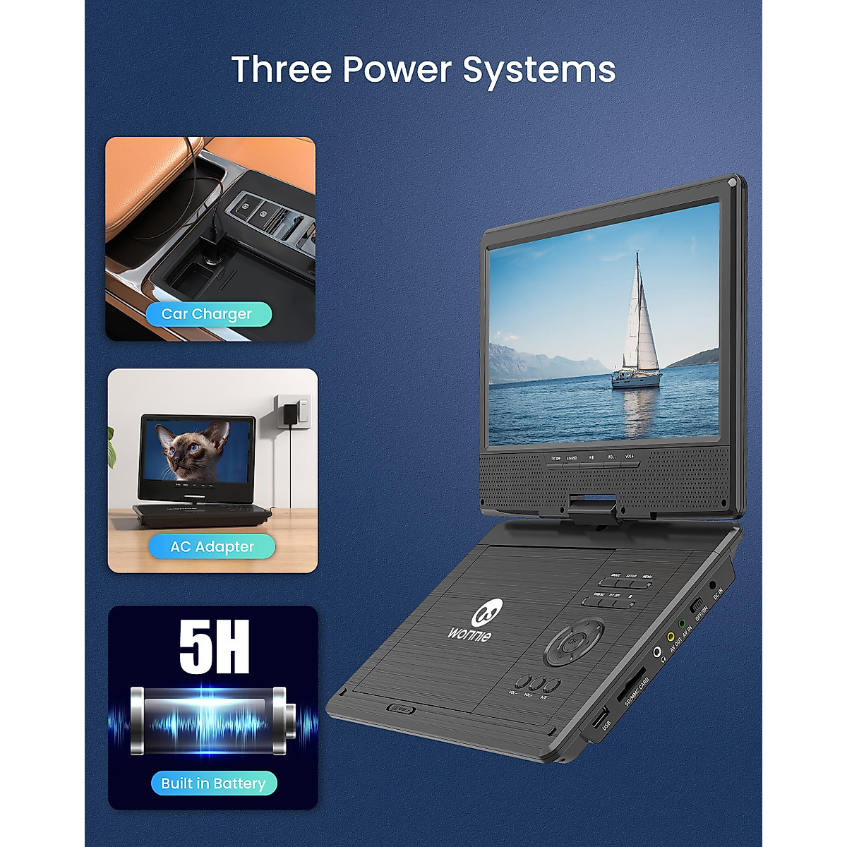 WONNIE 12.5" Portable DVD Player with 10.5" Swivel HD Screen,with Car Headrest Case,5-Hour Built-in Rechargeable Battery,Car Charger & AC Adapter, Supports USB/SD Card/Sync TV, Regions Free