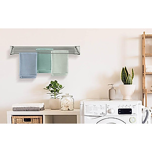 Rove Home Space Saving Wall Mounted Clothes Drying Rack | Retractable Wall Hanger Towel Holder | 5 Aluminum Rods, 40lb Capacity for Laundry Bathroom with Wall Template (32 Inches)